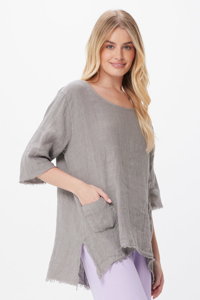 Selah Linen Hi Lo Fringe Tunic With Front Pockets – Suzy D London